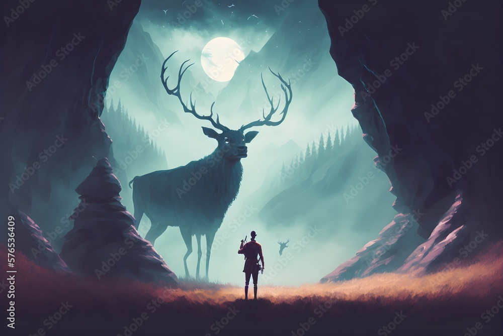 the man with a magic lantern facing the giant deer in a mysterious ...