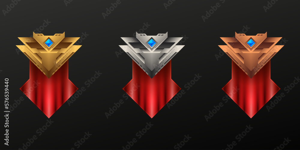 Abstract fantasy gold, silver and bronze game level achievement medals ...