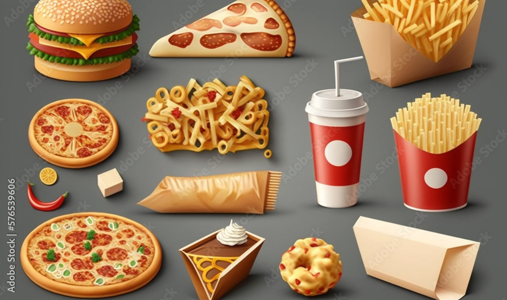 Fast food 3d realistic render vector icon set. Pizza, taco, hamburger ...