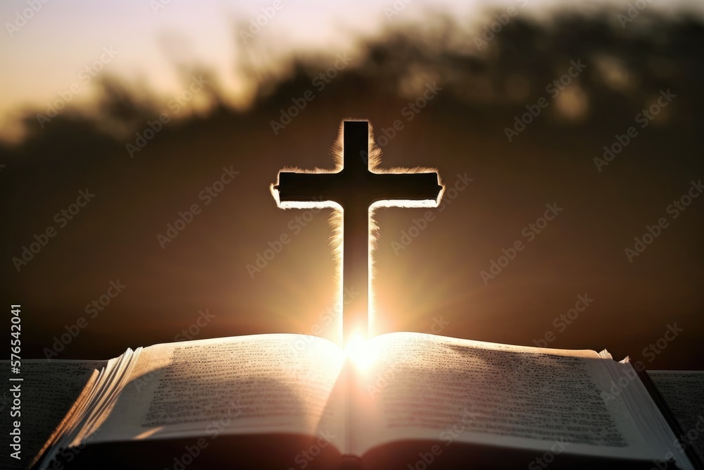 Bright sun light and bible book and the cross silhouette of the Holy ...