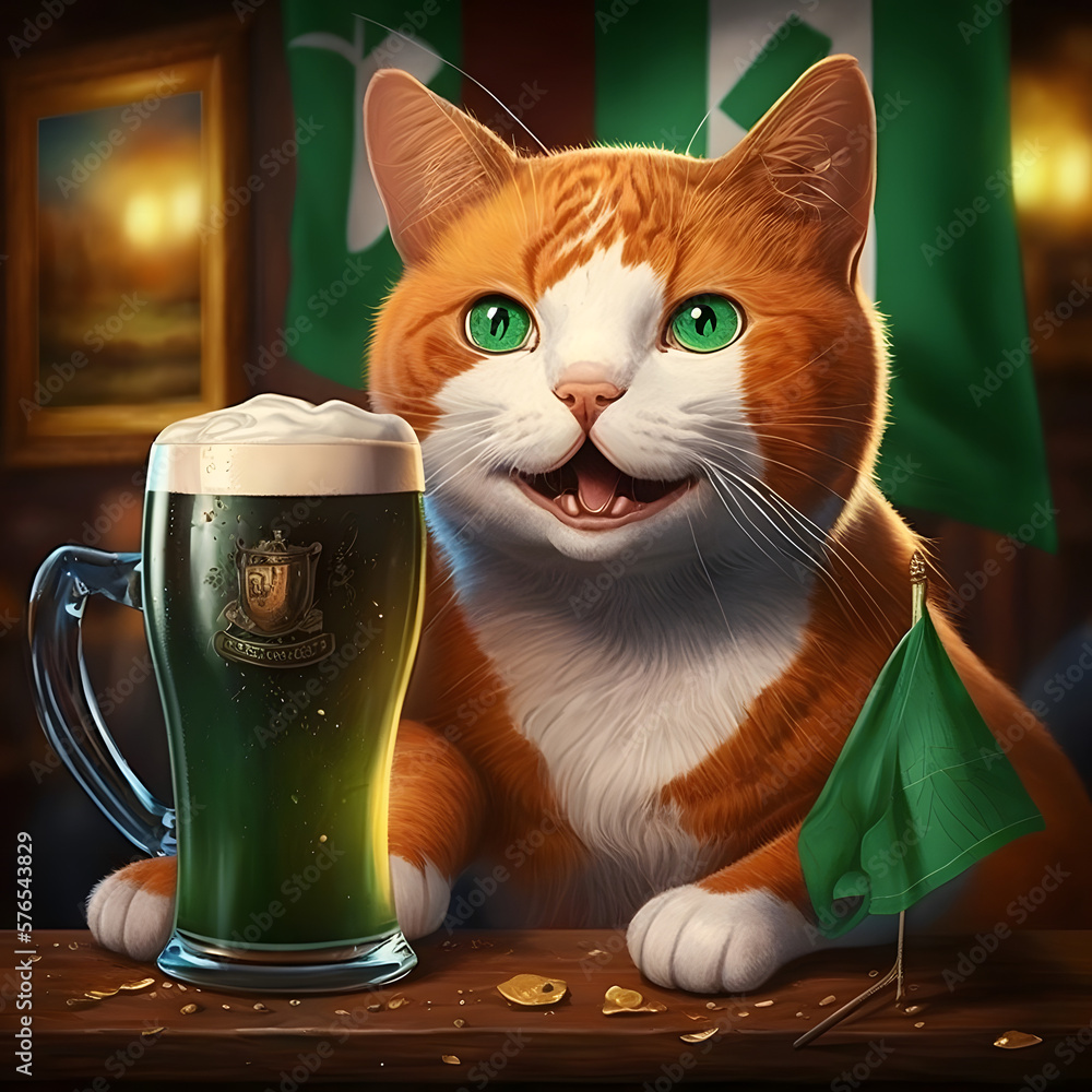 Orange and white cat with green eyes at a bar with pint of green beer ...