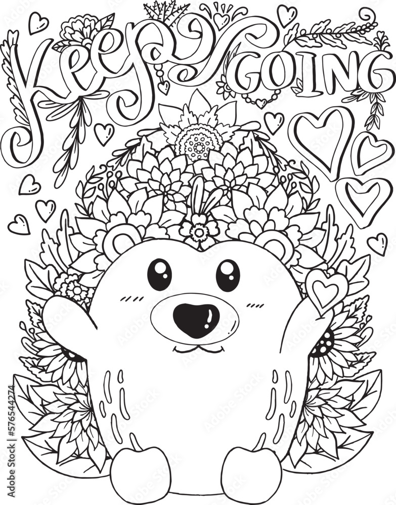 Keep going font with hedgehog cartoon and flowers elements. Hand drawn ...