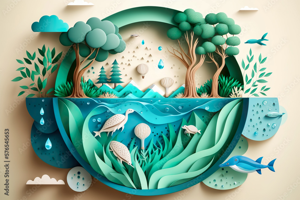 Paper art , Saving water and world Environment day , Ecology and world ...