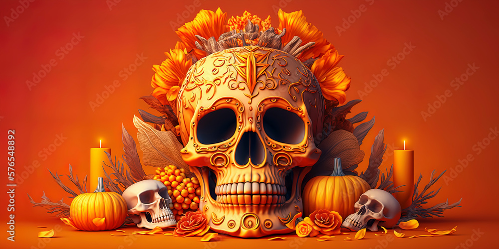 ภาพประกอบสต็อก Traditional day of the dead altar in orange vivid color ...