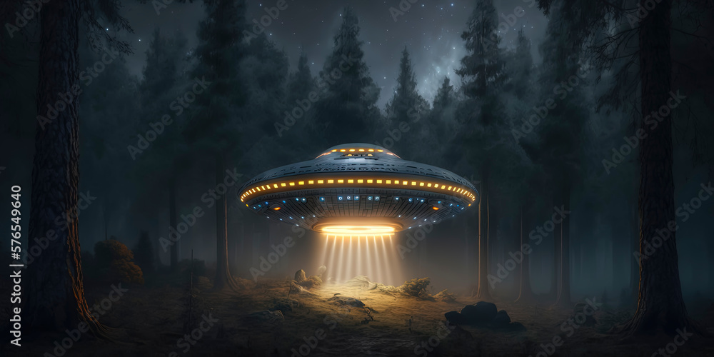 Glowing saucer shaped ufo hovering close to the ground in a dark forest ...