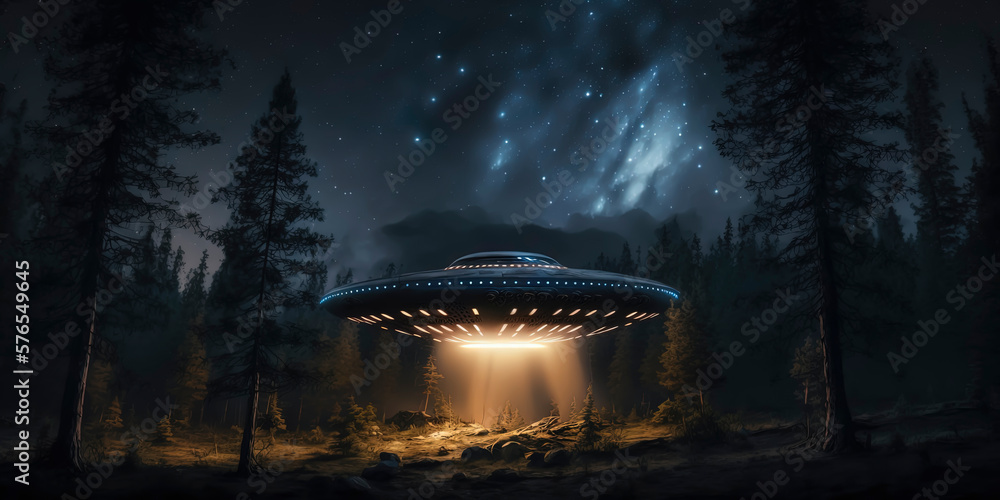 Glowing saucer shaped ufo hovering close to the ground in a dark forest ...