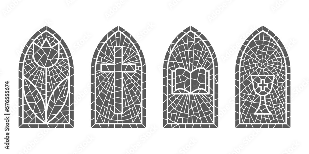 Church glass windows. Stained mosaic catholic frames with cross, book ...
