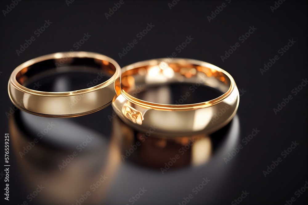 two gold wedding rings on a shiny surface with a light shining on them ...