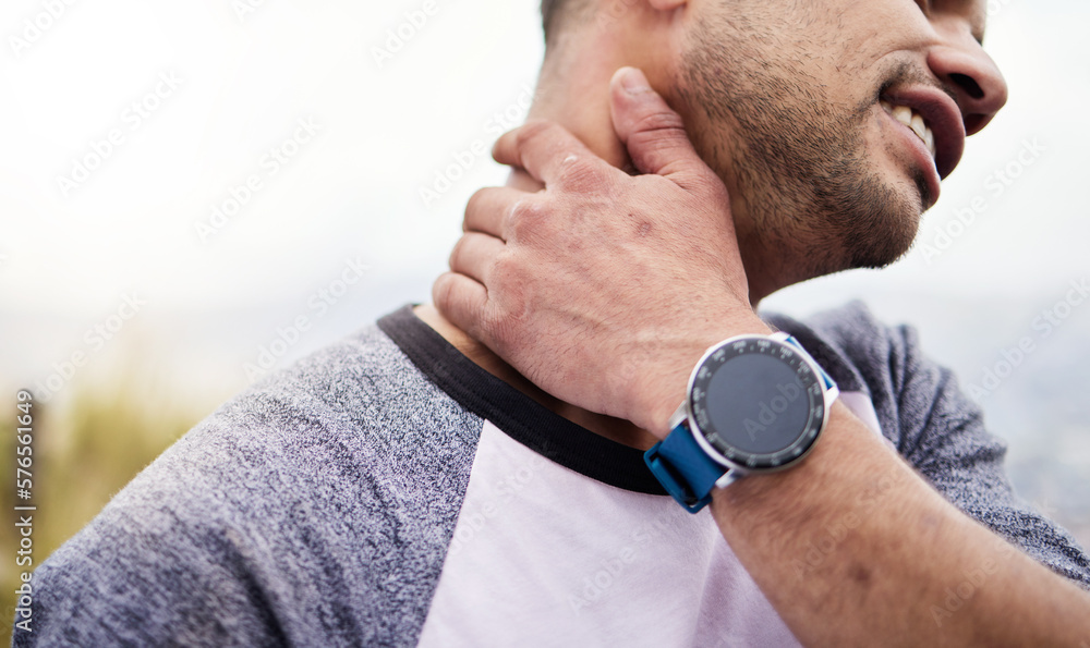 Fitness, neck pain and man athlete with a smartwatch for exercise time ...