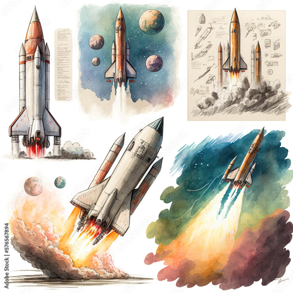 Rocket launching watercolor isolated in white background. Space launch ...