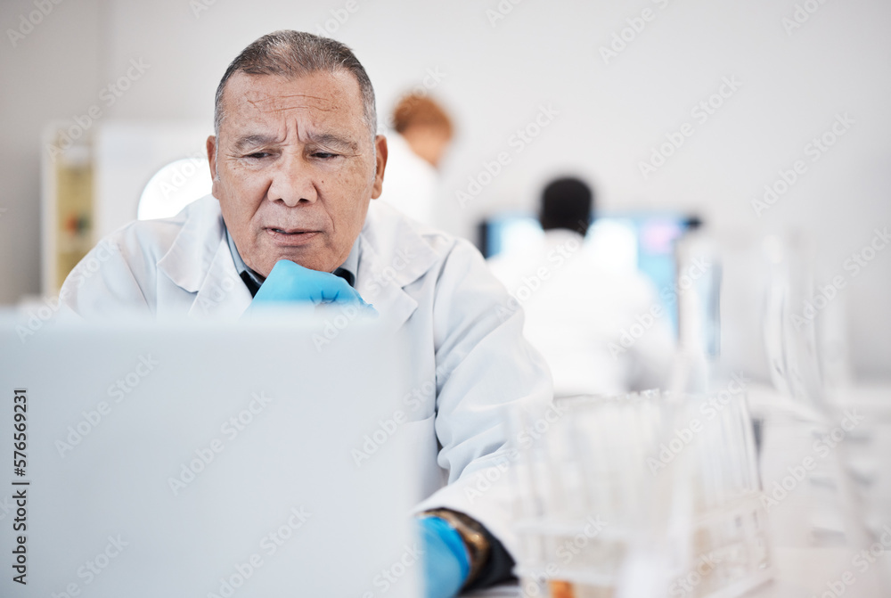 Science, laptop and senior man with focus, online reading and check ...