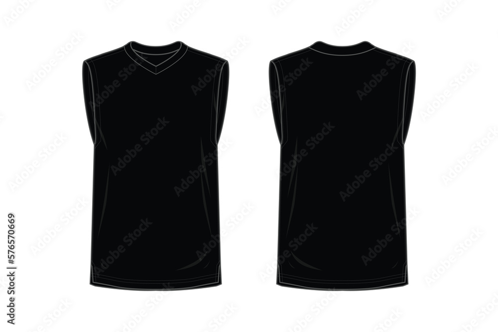 V-neck sleeveless shirt Black templates design front and back view ...