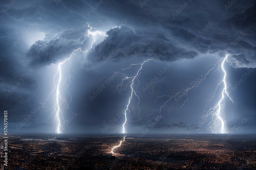 Thunderous dark sky with black clouds and flashing lightning. Panoramic view. Concept on the ...