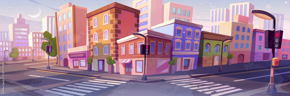 City street corner with buildings and traffic lights. Vector cartoon ...