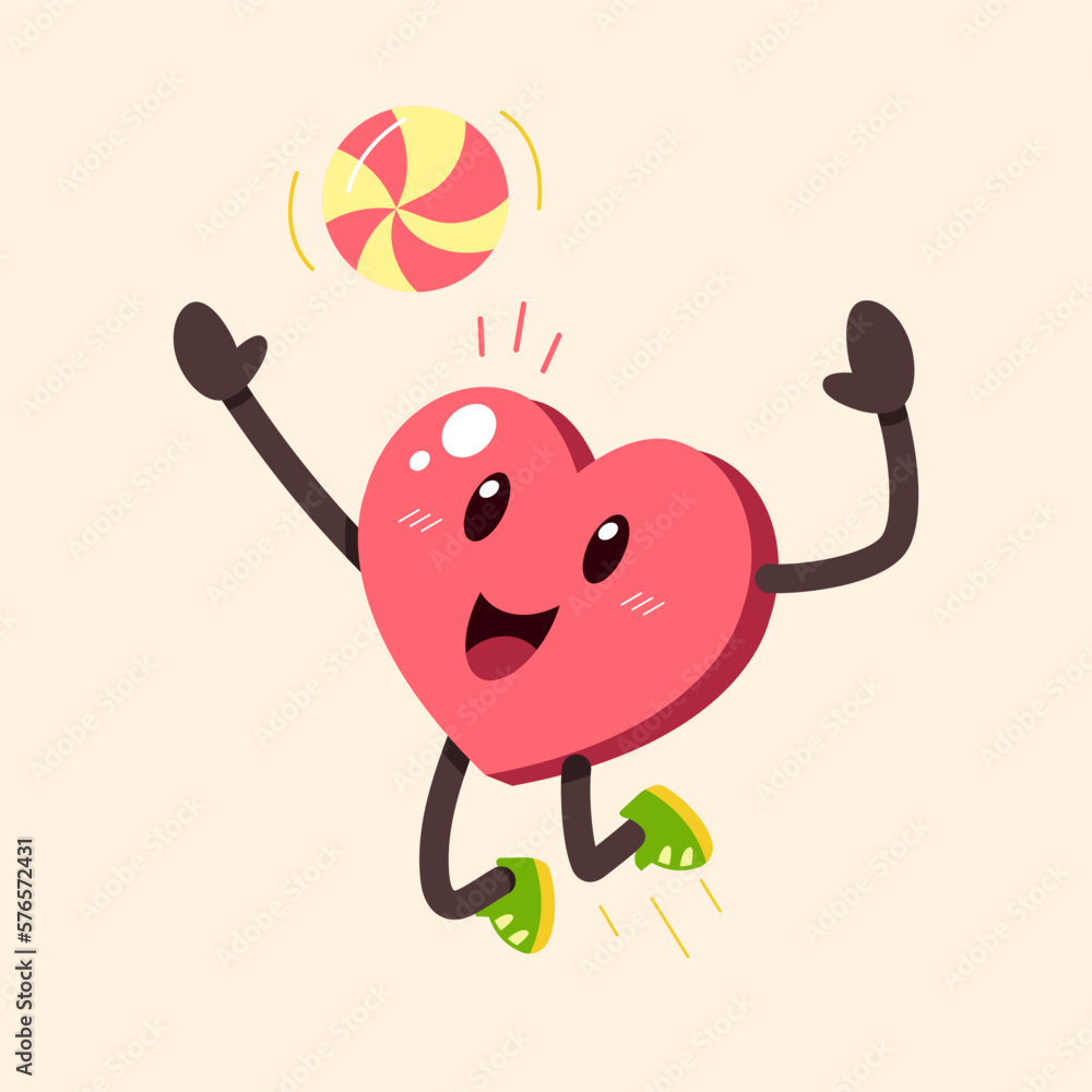 Cartoon heart character playing with ball for design. Stock Vector ...