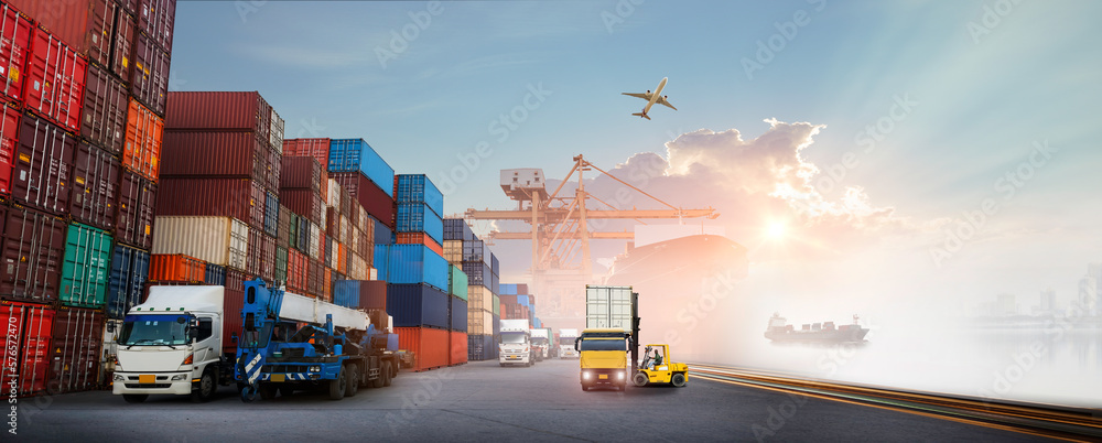 Container truck in ship port for business Logistics and transportation ...