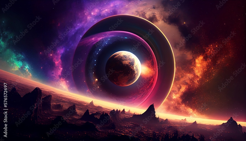 a planet with a ring system in the foreground, with the planet taking ...