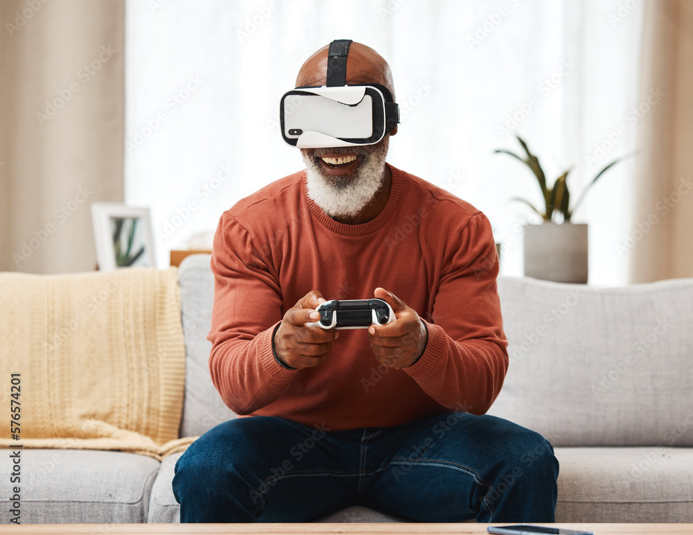 Vr, gaming and senior black man in virtual reality in home on sofa in ...