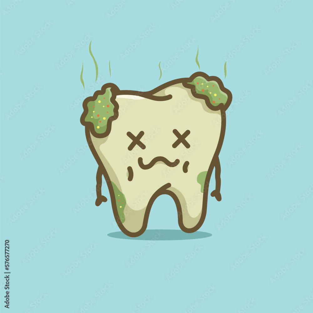 Cute cartoon moldy teeth with crossed out eyes character vector ...