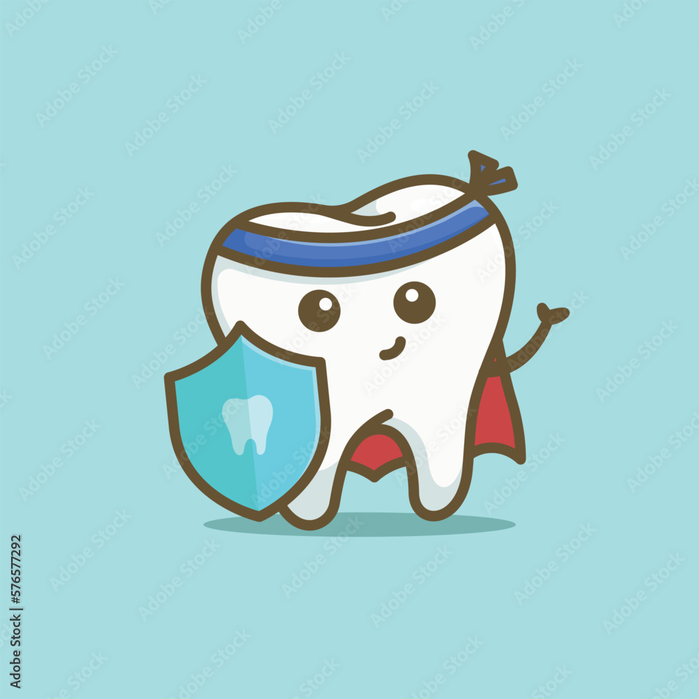 Cute cartoon super hero tooth with shield character vector illustration ...