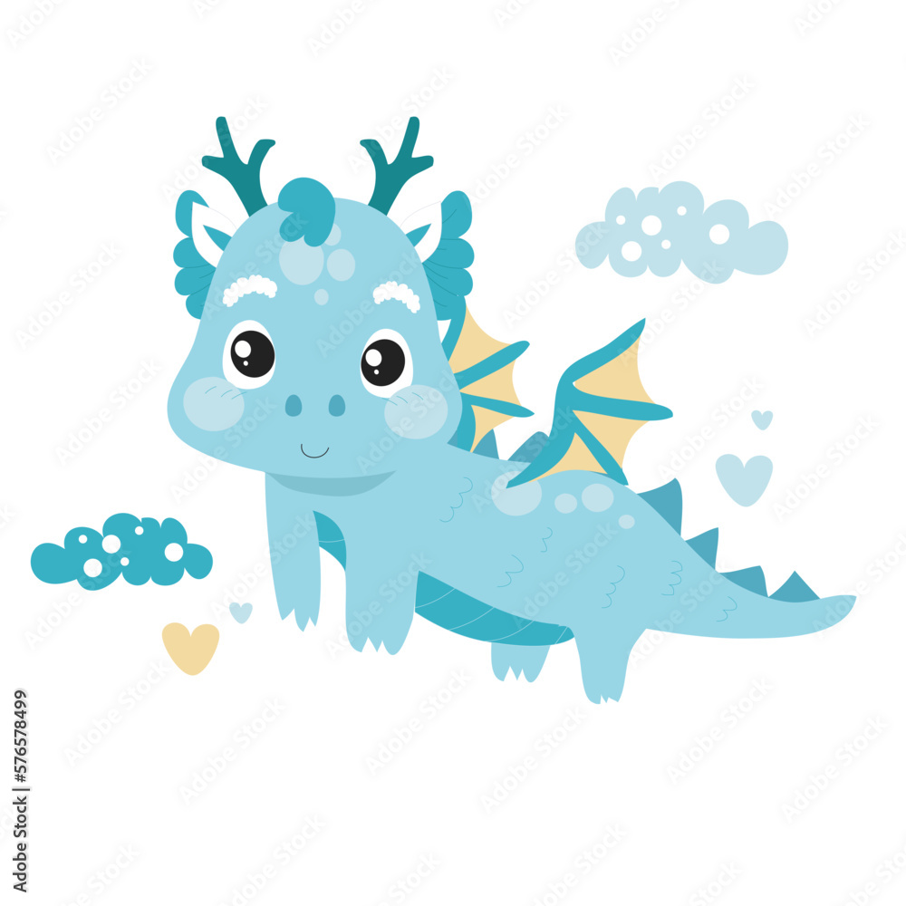 Cute and kawaii baby dragon standing and smiling on white background ...