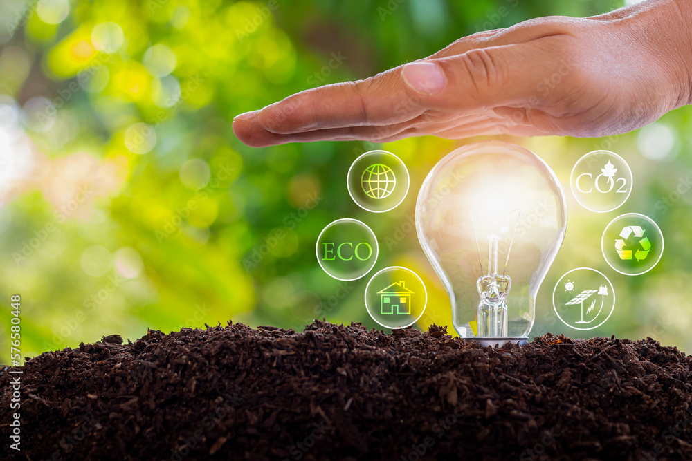 Light bulb on ground. Earth and energy saving concept, hand touching ...