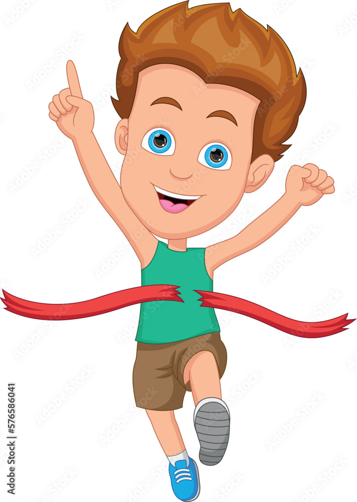 Cartoon boy winning first place in running race competition Stock ...