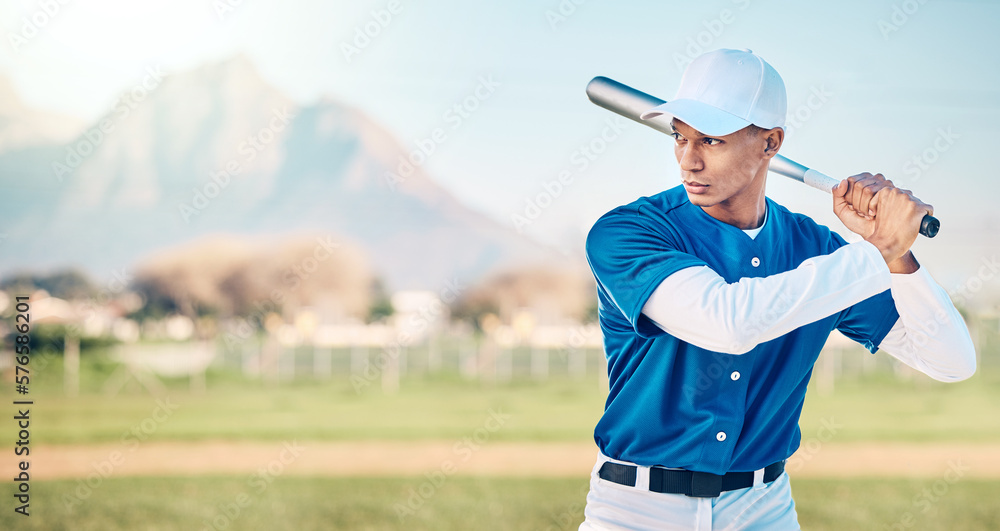 Sports, baseball and man with bat in action ready to hit ball in game ...