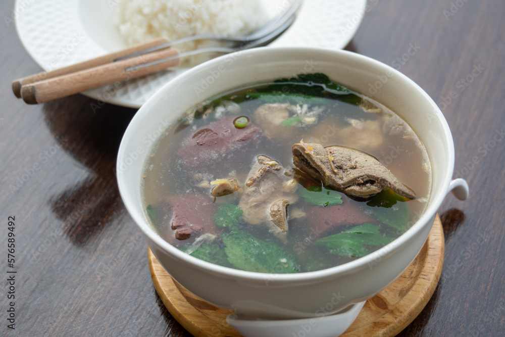 Pork blood tofu soup with gourd leaves,Clear soup asian style food ...