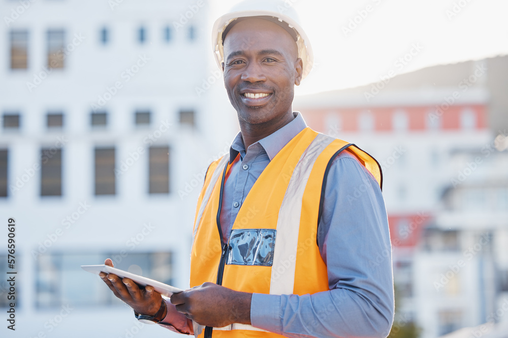 Engineering, tablet and portrait of black man in city for construction ...