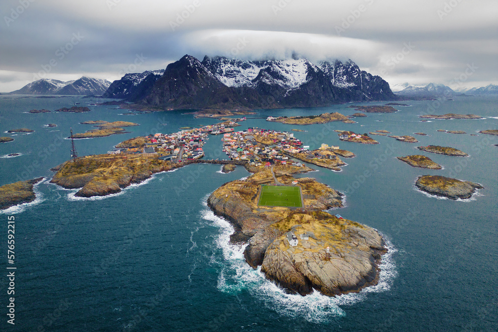 Aerial top view of Henningsvaer village island downtown Skyline, Norway ...