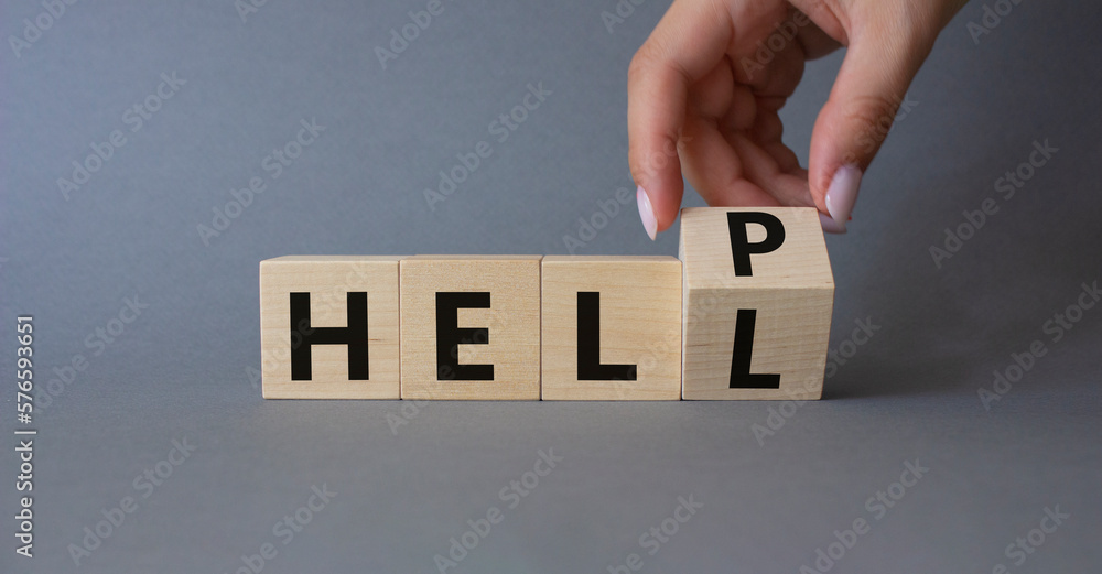 Help vs Hell symbol. Businessman hand Turnes cube and changes word Hell ...