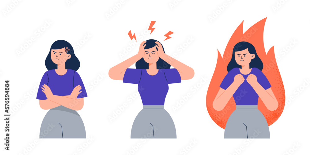 Woman with different stages of stress. Angry, furious, and super ...
