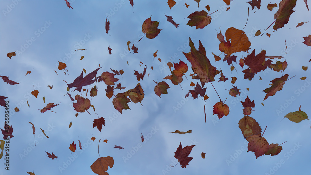 Seasonal Background with Fall Leaves blowing in the wind. Overcast Sky ...