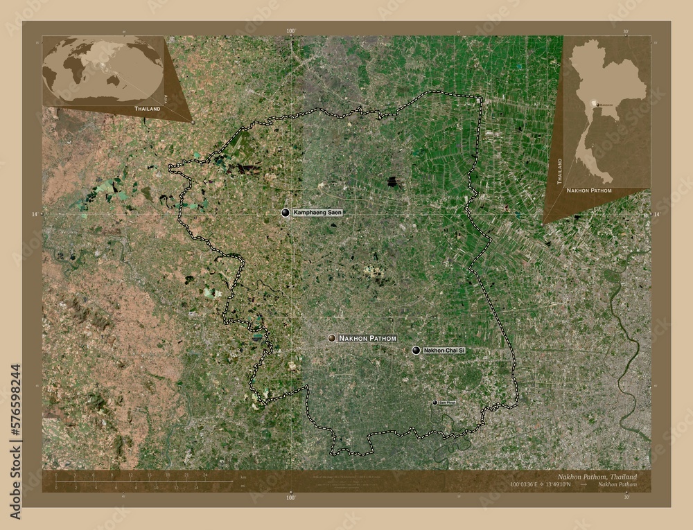 Nakhon Pathom, Thailand. Low-res satellite. Labelled points of cities ...