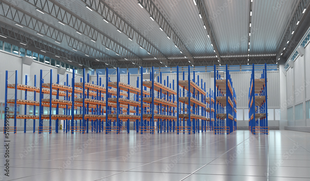 Warehouse interior. Storage shelving inside view. Empty warehouse for ...