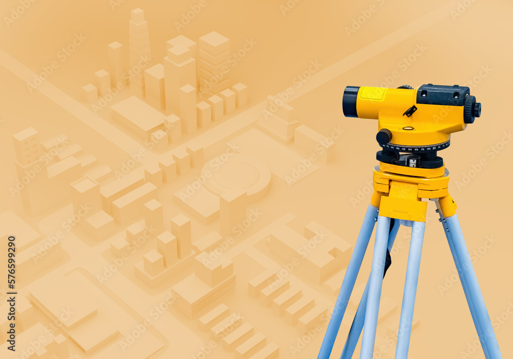 Geodetic device on tripod. Optical level. Surveyor equipment. Device ...