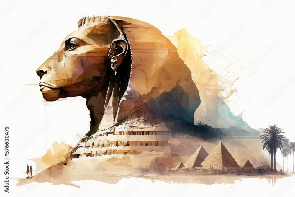 Double exposure, sphinx, statue of lion sideways morphing into ...
