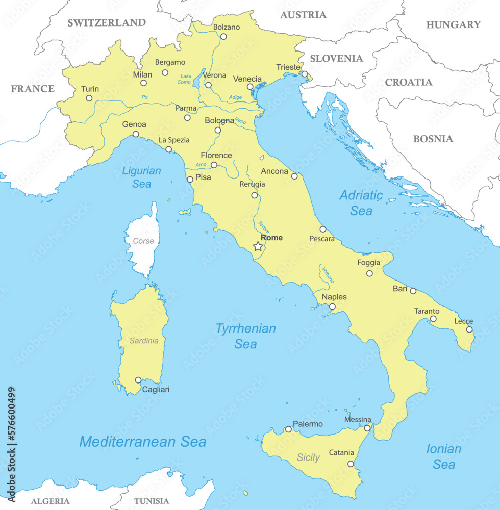 Political map of Italy with national borders Stock Vector | Adobe Stock