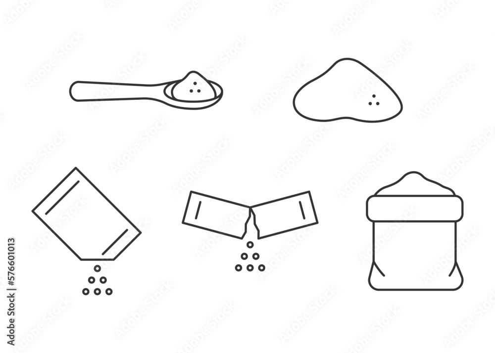 Powder in sachet packet, sack flour, line icon set. Open paper pack ...