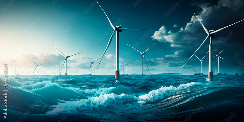 Offshore wind farm with turbines in the ocean Generative AI Stock ...