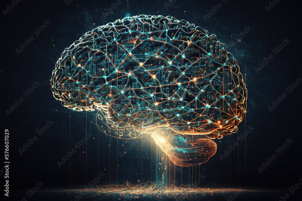 Brain on a grid with lights. Artificial intelligence. Neural network ...