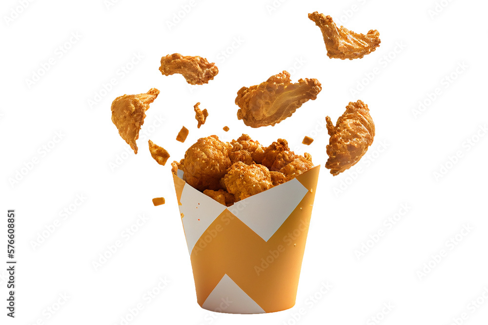 Fried chicken flying on paper bucket isolated on white background ...