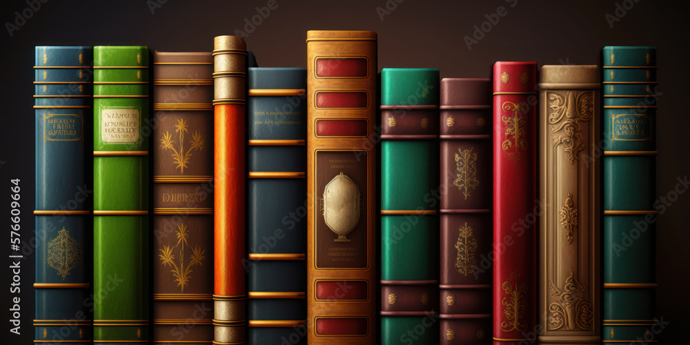 Books standing on a shelf, full background. Old hardcover book spines ...
