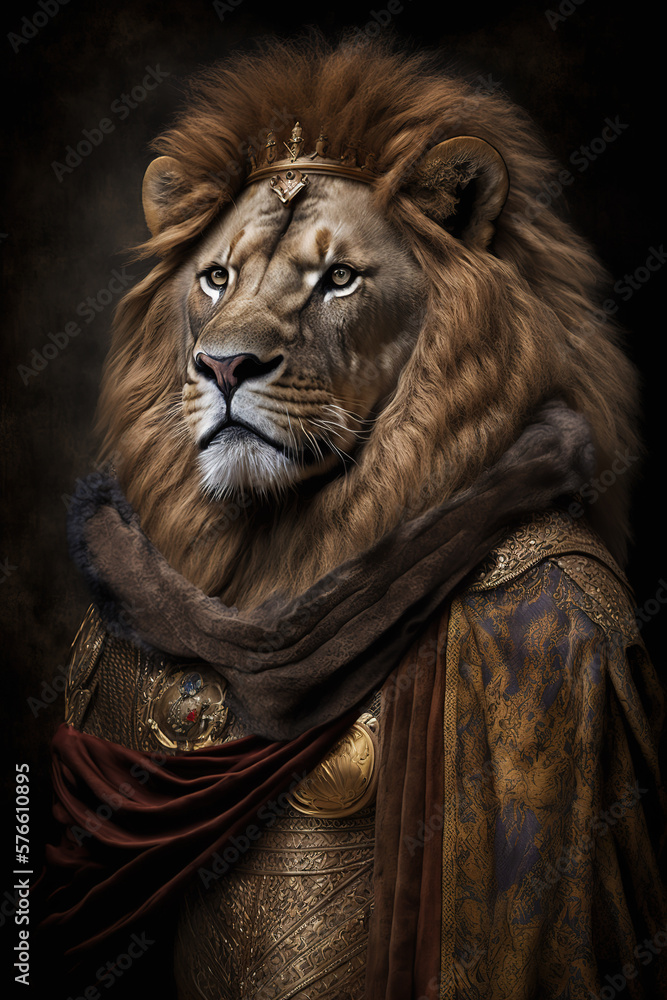 Lion dressed as a king. King of animals. Royal lion Stock Illustration ...