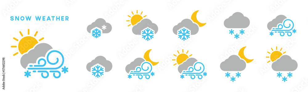 Snowfall weather icon set. Snow weather icons collection. Weather day ...