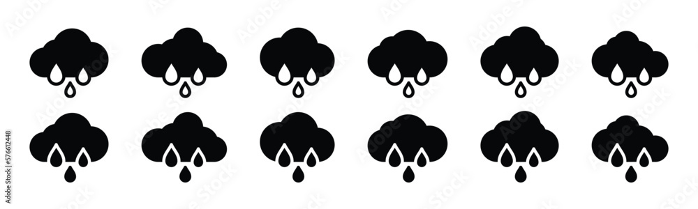 Rain weather icon set. Heavy rain weather icons collection. Rainfall ...