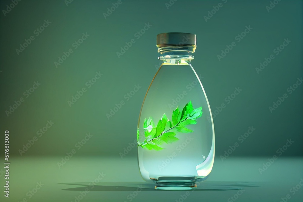 Green leaf extract on a beaker, laboratory apparatus with a clear ...