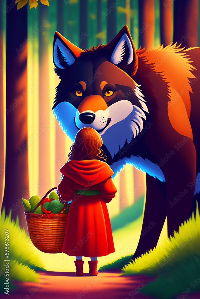 Little Red Riding Hood and the Big Bad Wolf. A little girl dressed in ...