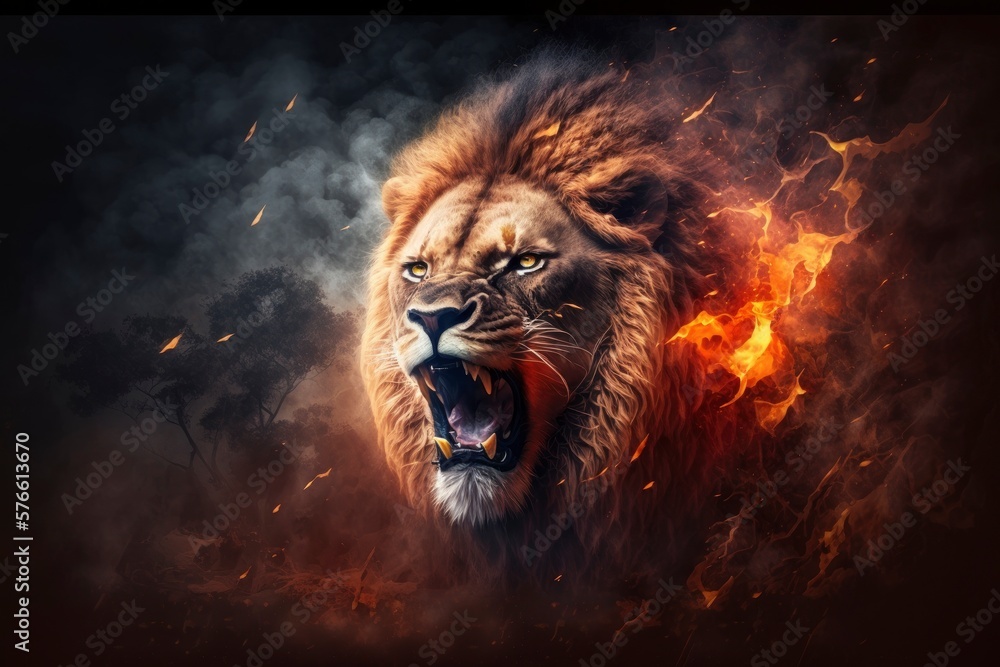 angry male lion roaring with fiery eyes and partially fiery fur, with ...